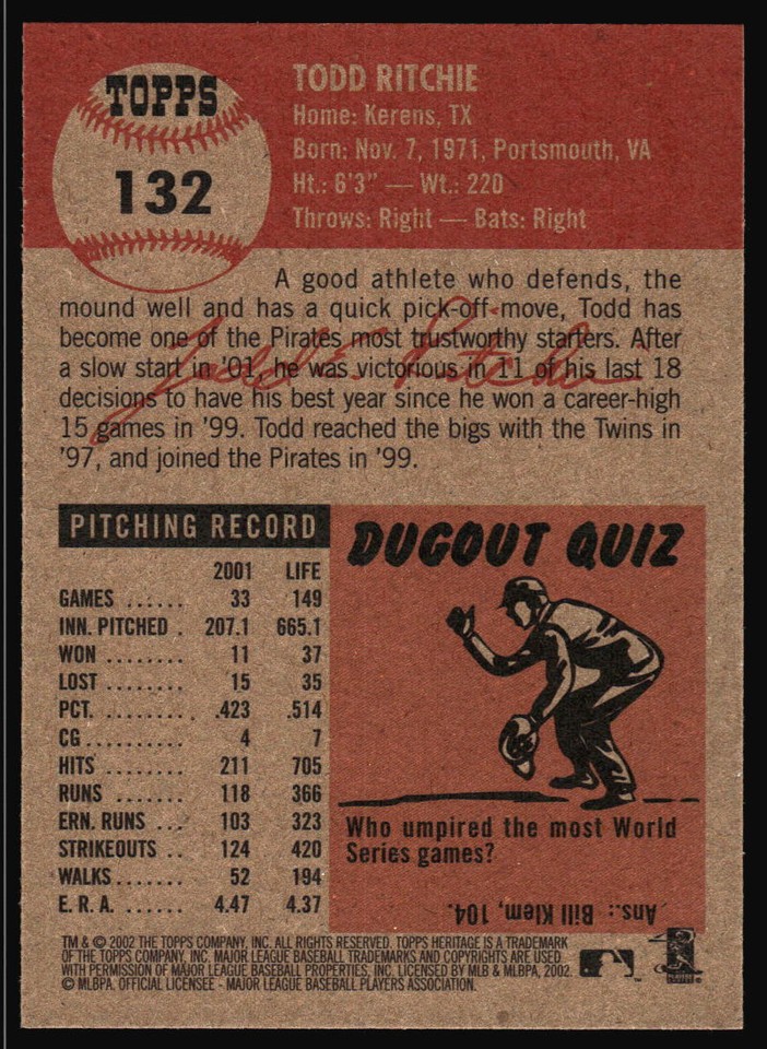 2002 Topps Heritage Todd Ritchie #132 Pittsburgh Pirates | eBay