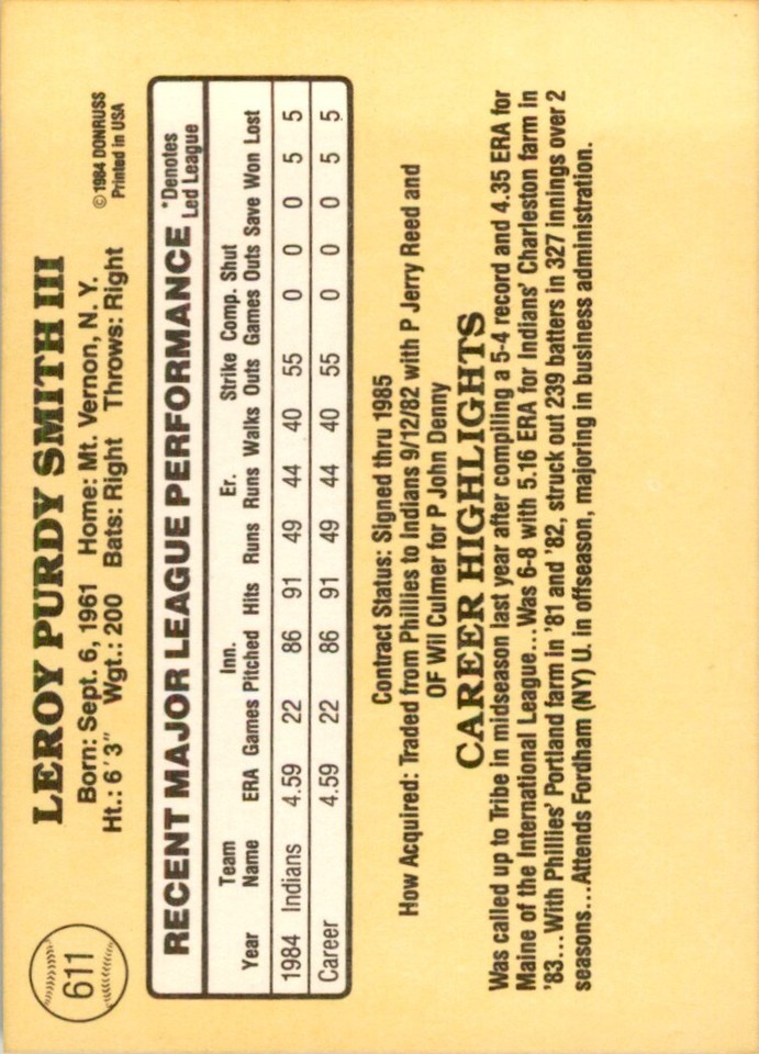 1985 Donruss Roy Smith 105 Baseball Cards #611 | eBay