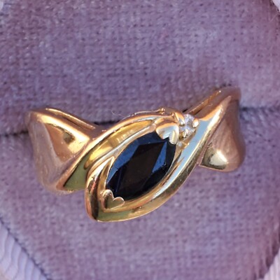 14K VINTAGE SOLID YELLOW GOLD MARQUISE BLUE SAPPHIRE & DIAMOND CHIP ...