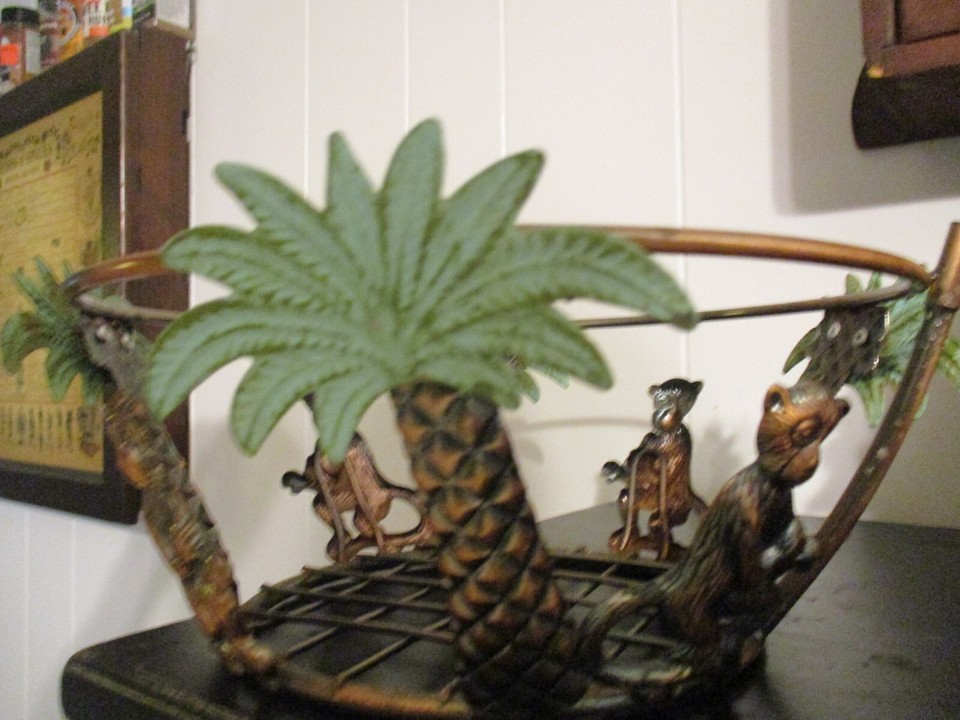 Bronze tone & Green top Palm Trees & monkeys Fruit Basket Bowl 9.5x4 ...