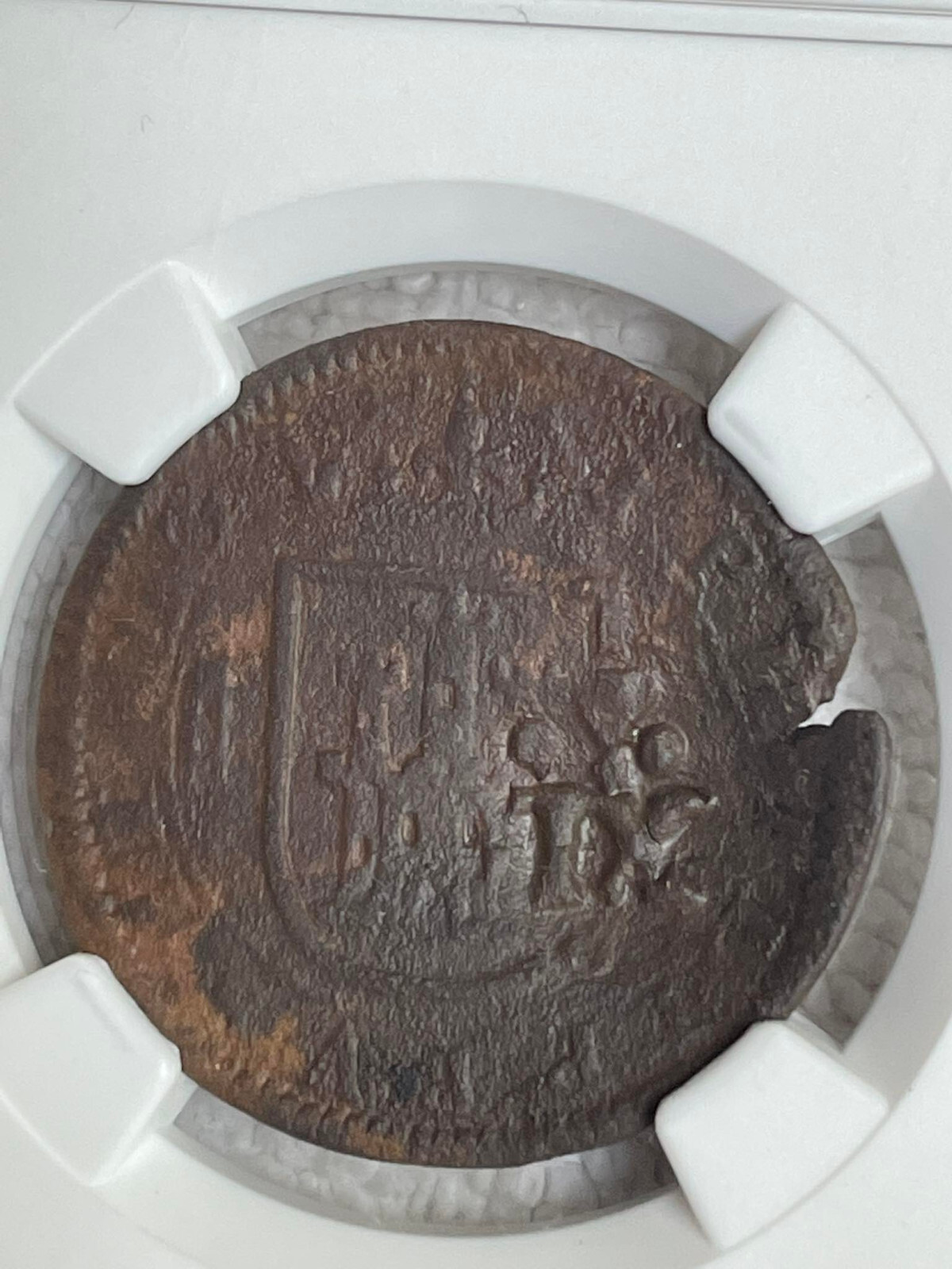 1642 Spain Cobs coin 12 Maravedis copper NGC FINE counterstamp TRUJILLO ...