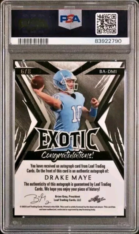 2023 Leaf Exotic Autograph #/8 DRAKE MAYE Zebra Mojo Auto PSA 10 POP 1 ...