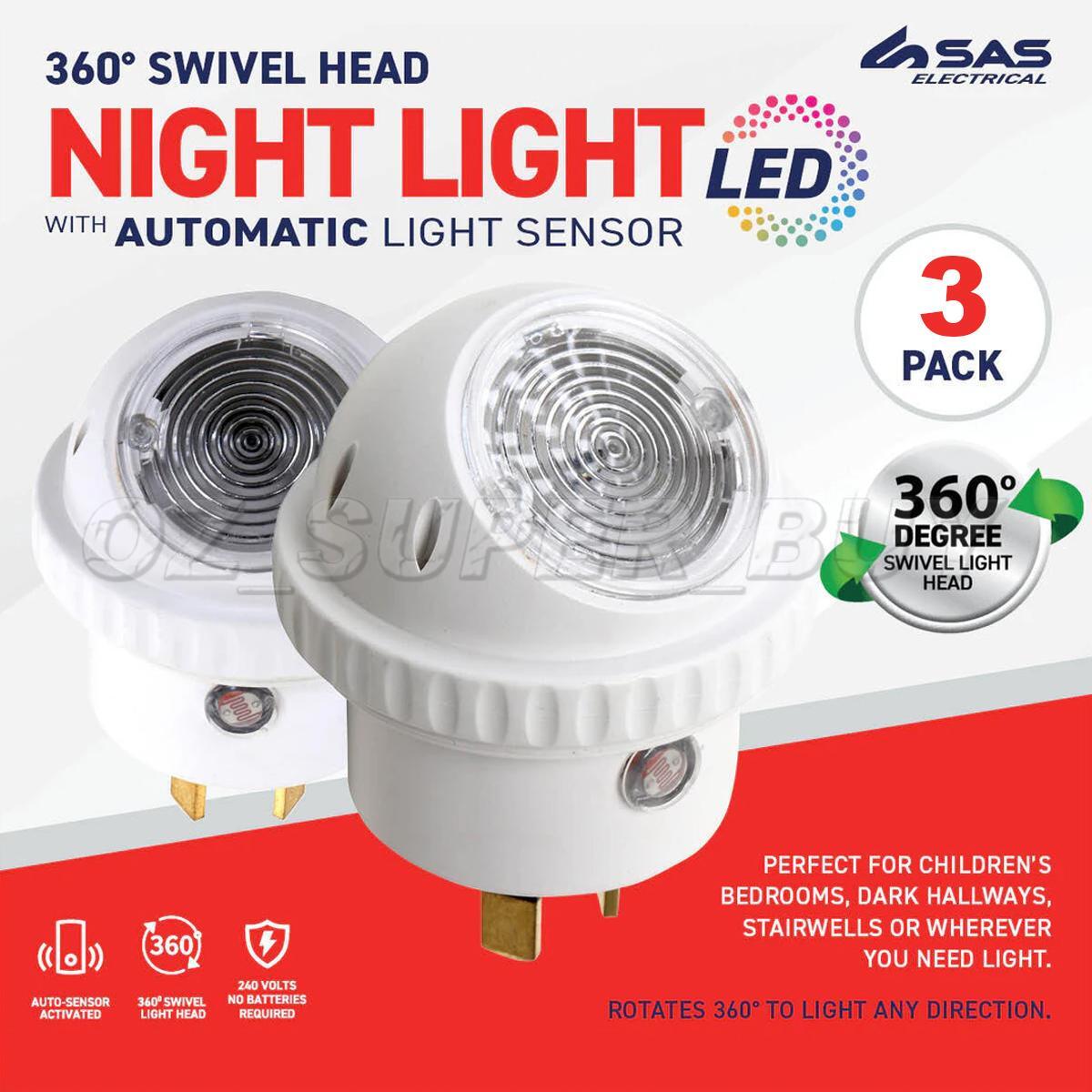 3X 360 Degree Swivel Night Light Auto LED 240 V Plug In Auto Sensor 6.5 ...