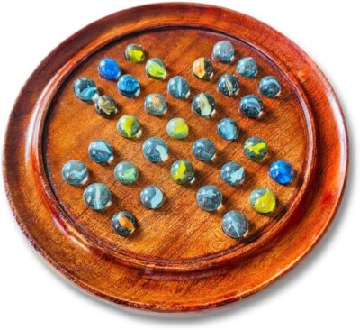 Handcrafted Wooden Marble Solitaire Game Board with 33 Glass Marbles ...