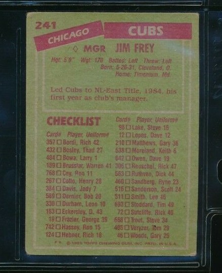 1986 Topps #241 Jim Frey Chicago Cubs Manager Signed Autograph (RR101 ...