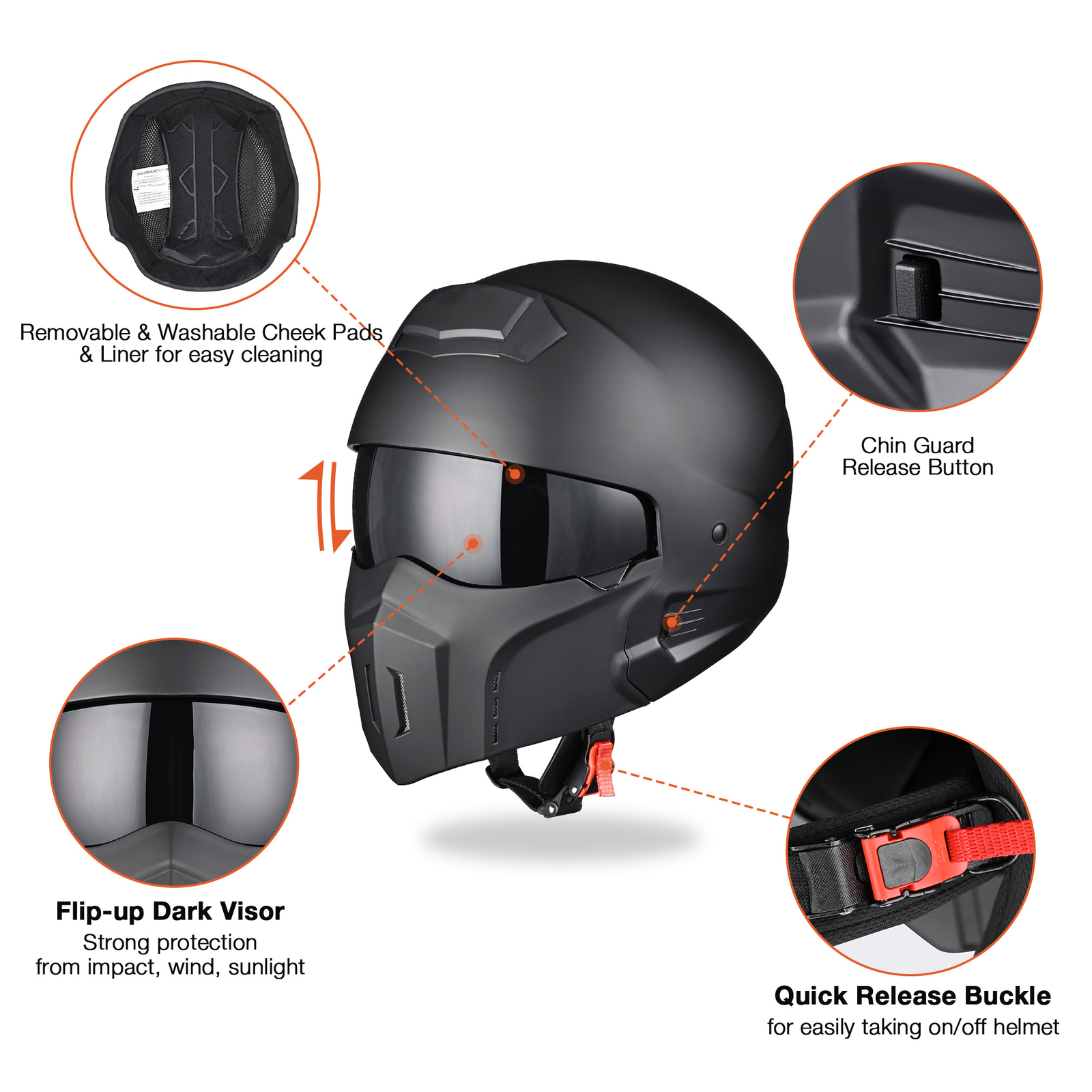 AHR Open Face Motorcycle Helmet w/ Detachable Chin Guard Visor DOT ...