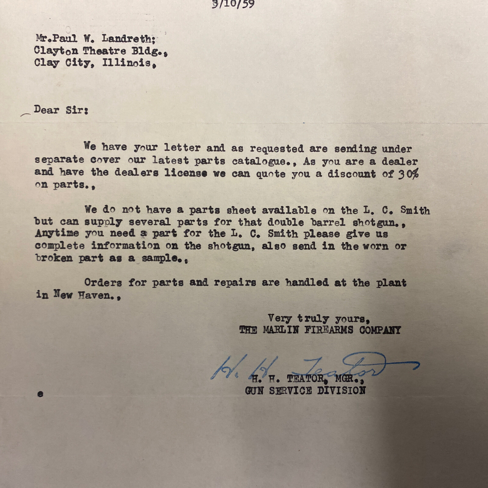 1959 Marlin Firearms Letter to Dealer | eBay
