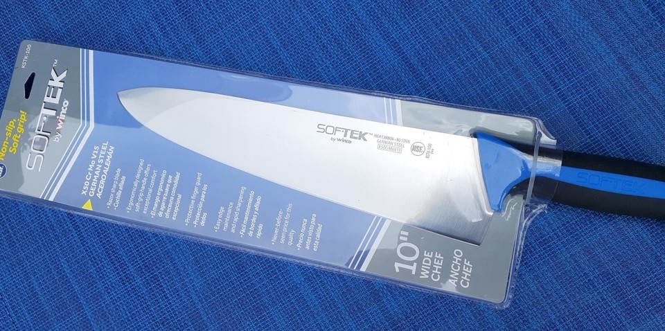 Winco Wide Chef Knife 10" blade Sof-Tek handle NSF NEW Sharp Blue ...