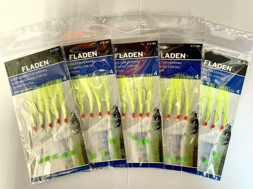 5 x Fladen herring Mackerel Sea Fishing Feathers 5 Hooks Size 4 - Green ...