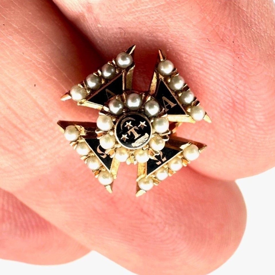 Vintage 14k Yellow Gold Enamel Pearl Alpha Tau Omega College Fraternity ...