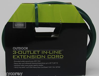 Living Solutions Outdoor 3 Outlet In-Line 12 ft Heavy Duty Extension ...