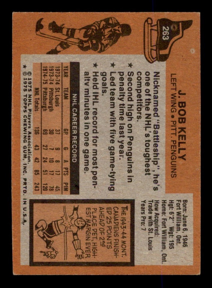 1975 Topps Hockey #263 J. Bob Kelly EX/MT | eBay