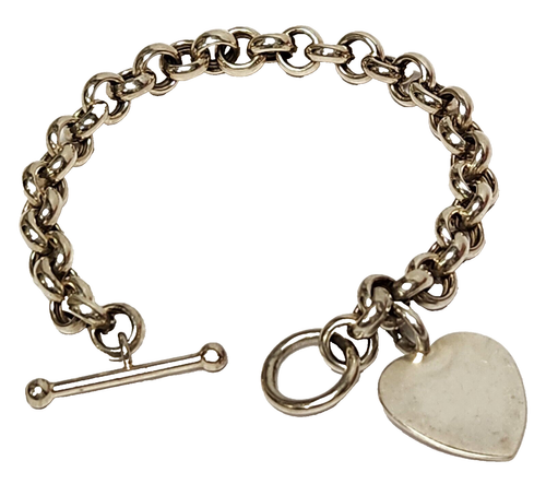 HAN 925 Sterling Silver Heart Charm Rolo Link Toggle Bracelet 7.5" 16 ...