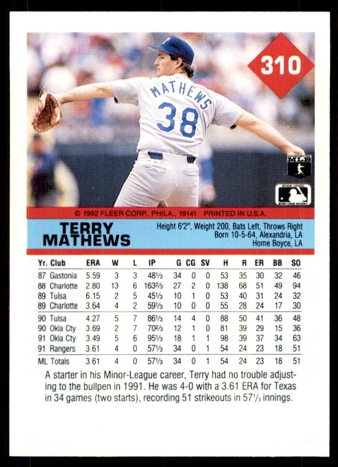 1992 Fleer Terry Mathews Baseball Cards #310 | eBay