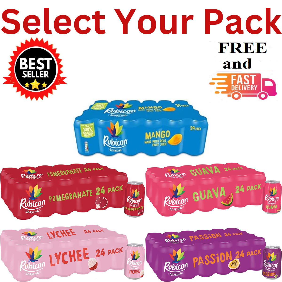 Rubicon Mango Juice Sparkling Fizzy Drink Cans, 330ml Pack of 24 All ...