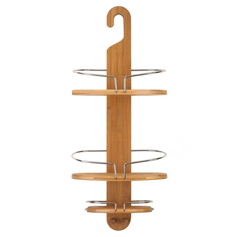 Bathroom Bamboo Shower Caddy Chrome Steel Bath Shelf Tier Storage Rack ...