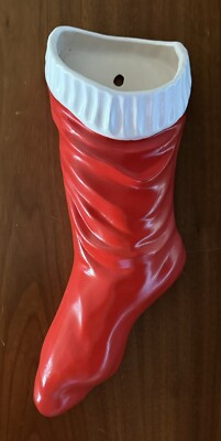 Vintage Ceramic Christmas Stocking Pocket Wall Planter Red Handmade 13. ...