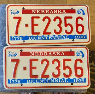 Nebraska 1976 MADISON COUNTY BICENTENNIAL License Plate PAIR # 7-E2356 ...