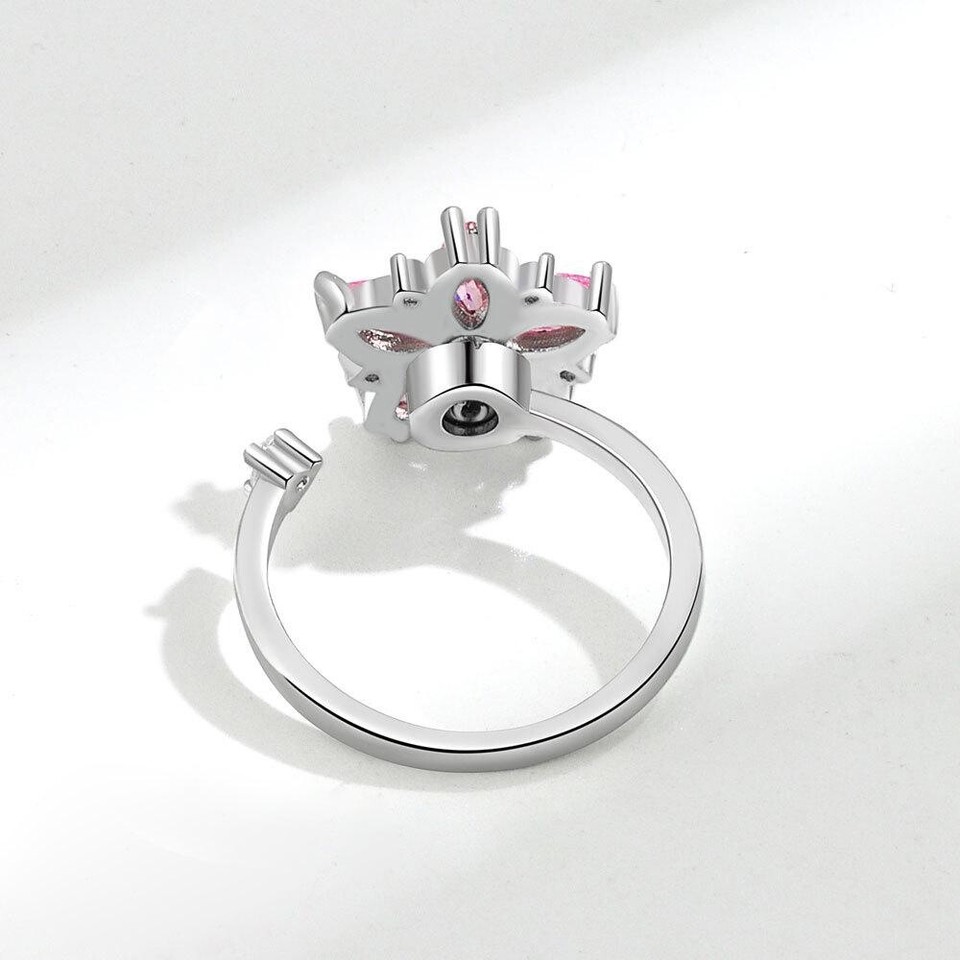 Creative Rotating Ring Female Cherry Pink Zirconia Flower Adjustable ...