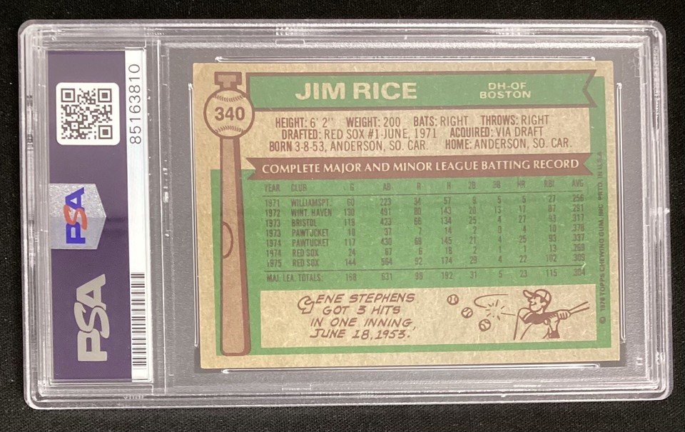 Jim Rice Signed 1976 Topps #340 Baseball Card Autograph Boston Redsox ...
