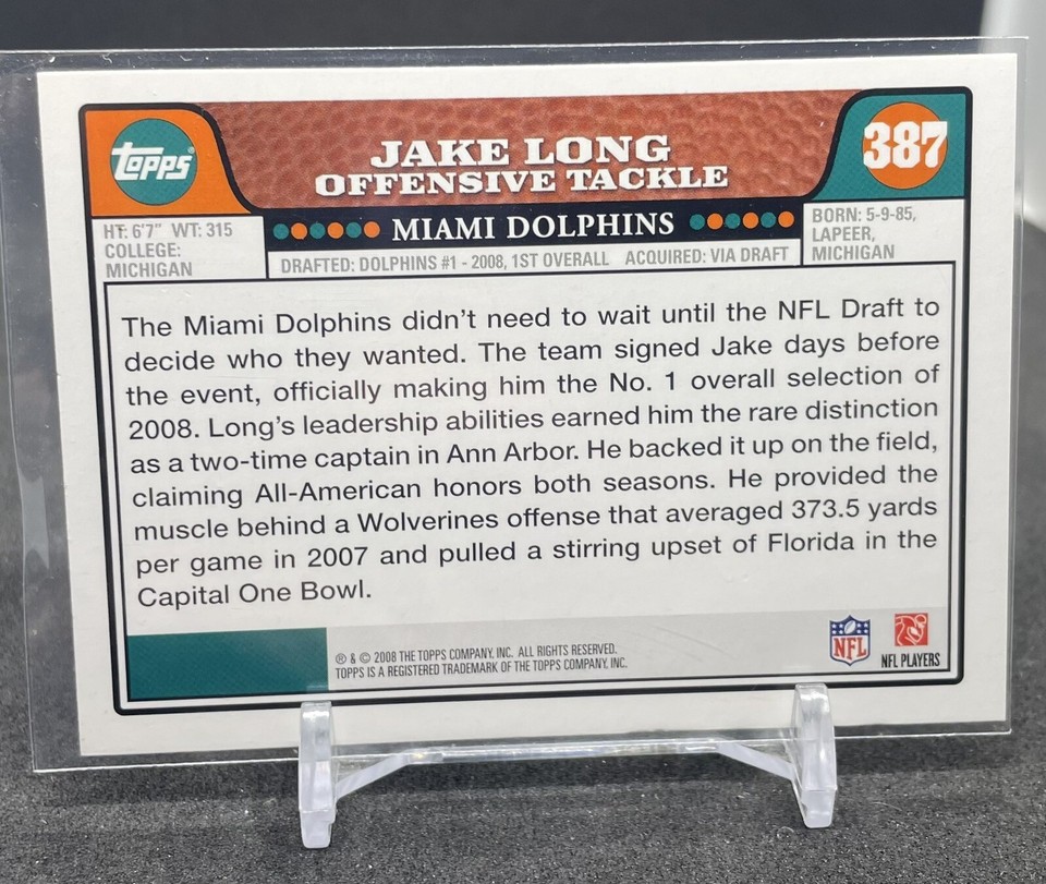 2008 Topps Jake Long Rookie Card (RC) #387 Miami Dolphins | eBay