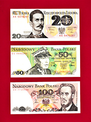 POLAND RARE UNC BANKNOTES: 20 ZLOTYCH 1982, 50 ZLOTYCH 1988, & 100 ...