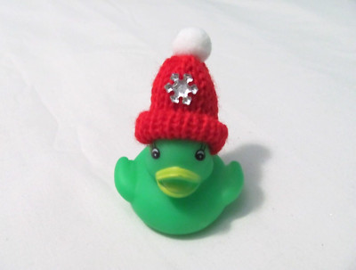 HAND DECORATED GREEN RUBBER DUCK W/ RED BEANIE W/ WHITE POM POM ...