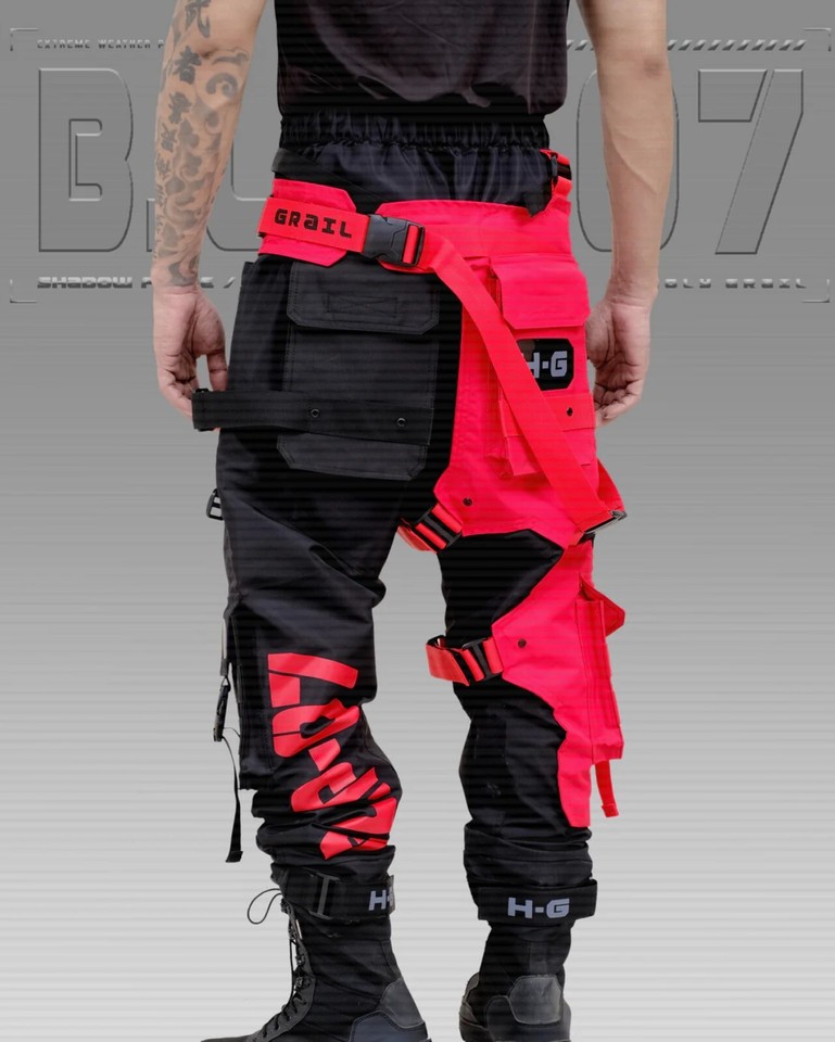 Men's Black Red Streetwear Techwear Heavy Cargo Trouser Pants HG B.L.P ...