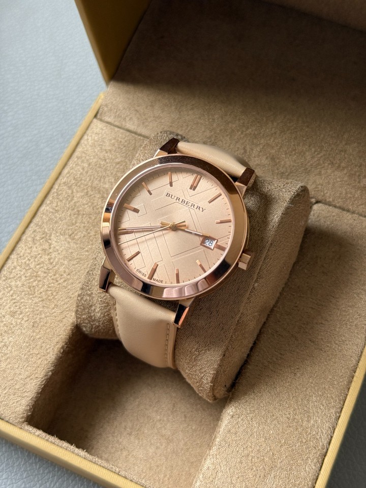 Burberry BU9014 Tan Dial Leather Strap 38 MM Rose‑Tone Woman's Watch ...