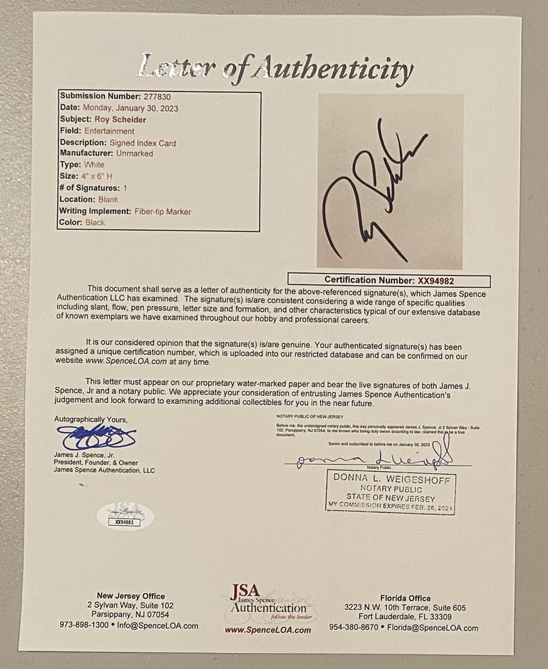 Roy Scheider Signed Autographed 4x6 Card Full JSA Letter Jaws | eBay