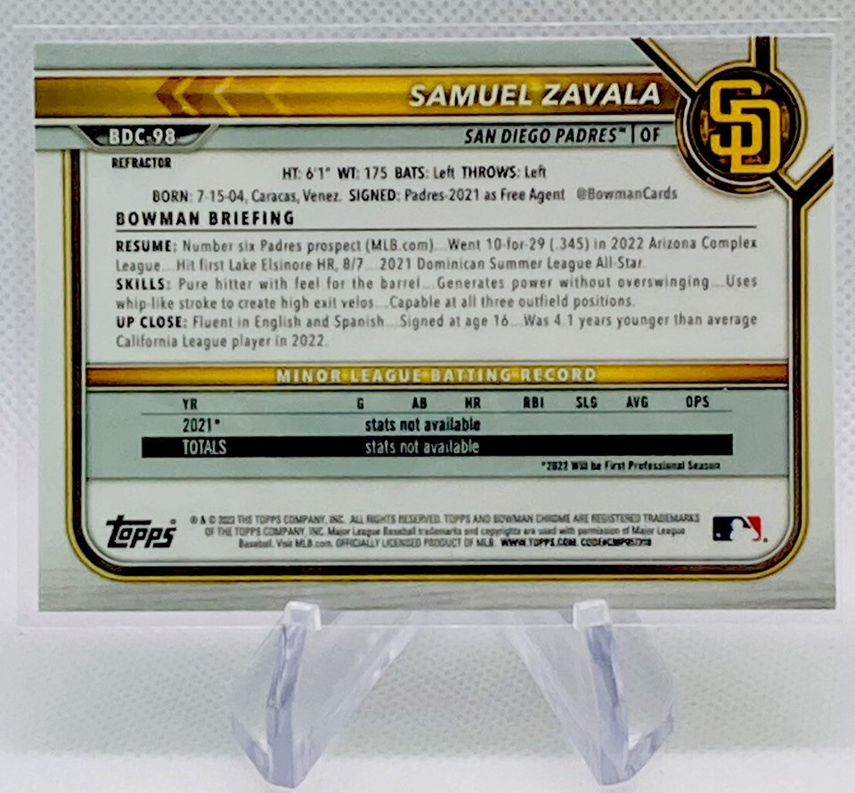 2022 Bowman Draft Chrome Samuel Zavala Refractor #BDC-98 - Padres/White ...