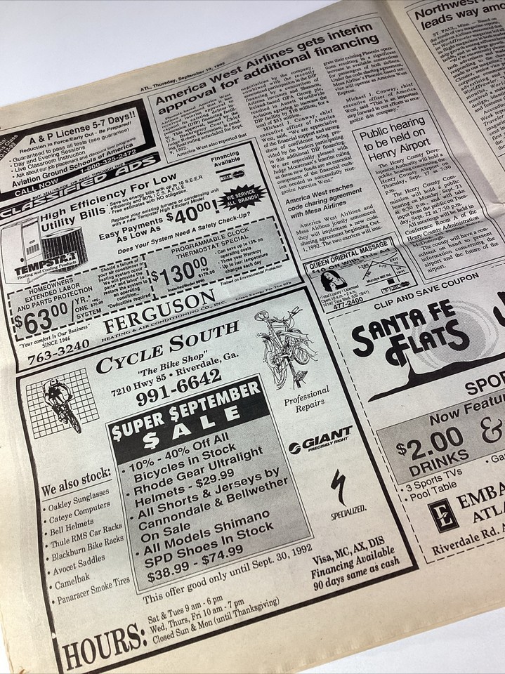 Atlanta GA Airport Newspaper 1992 ATL Ads! Delta Dolson Southern Hulse ...