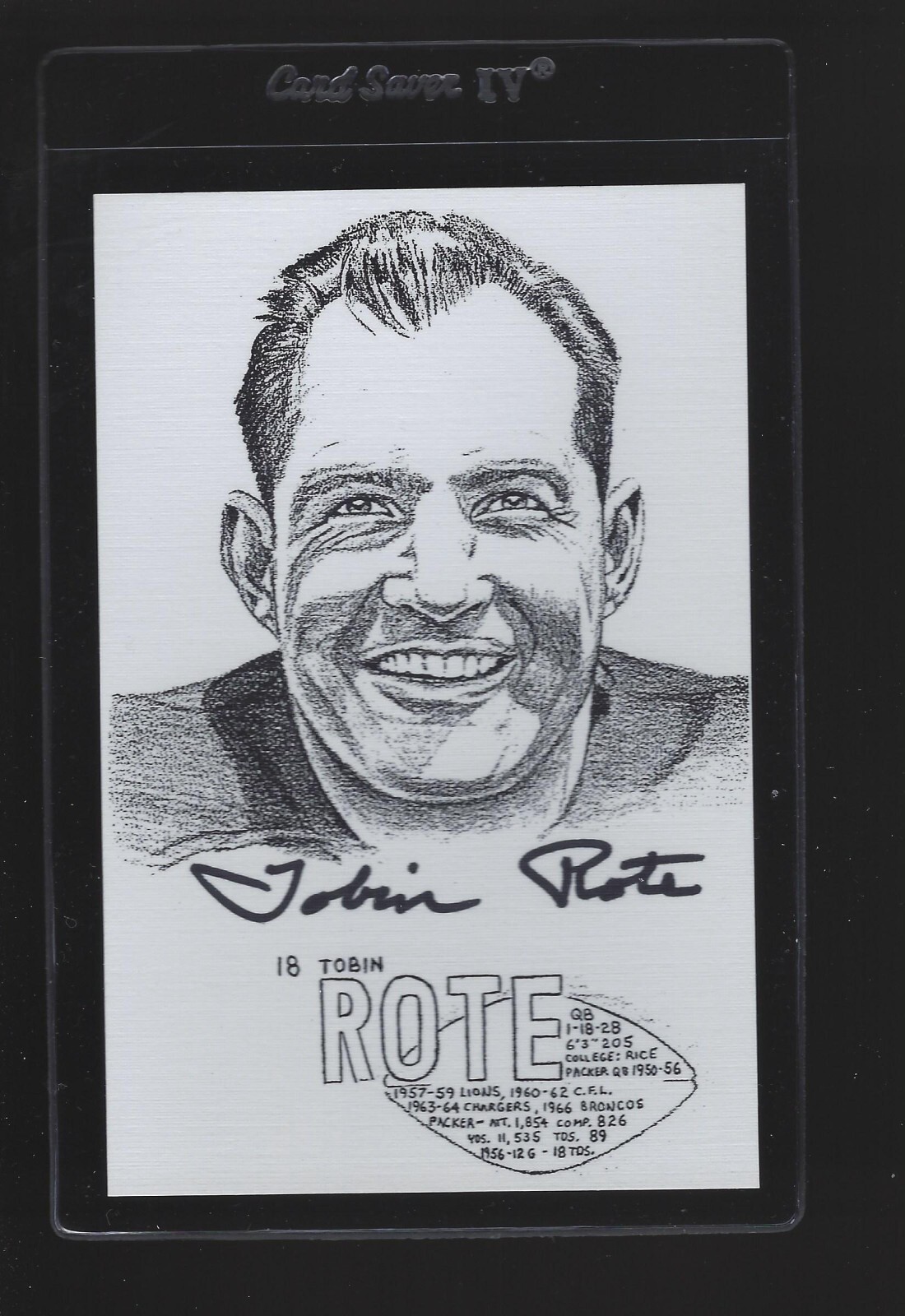 Tobin Rote Green Bay Packers Signed Auto 4x6 Football Art Card ...