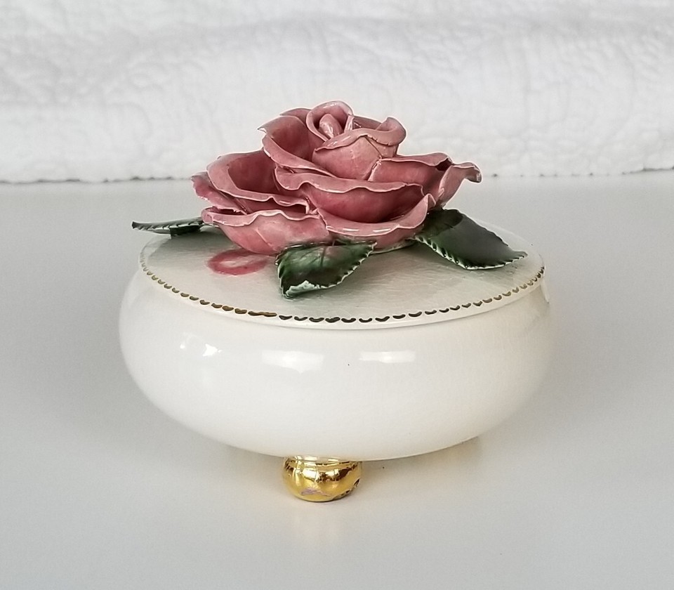 Signed Vintage Ceramic Trinket Box w/ Lid Handmade CA Pottery Pink Rose ...