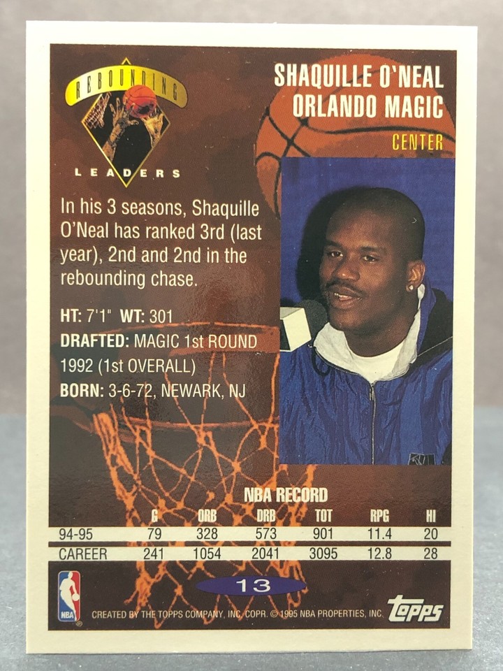 1995-96 Topps SHAQUILLE O'NEAL Card No. 13 Crease-Free NM-MT+ Orlando ...