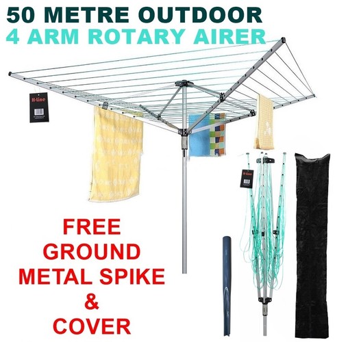 ROTARY AIRER 4 ARM 50M OUTDOOR CLOTHES GARDEN WASHING LINE DRYER SPIKE ...
