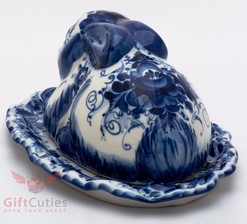 Gzhel Porcelain server plate or butter dish holder Rabbit Hand-painted ...