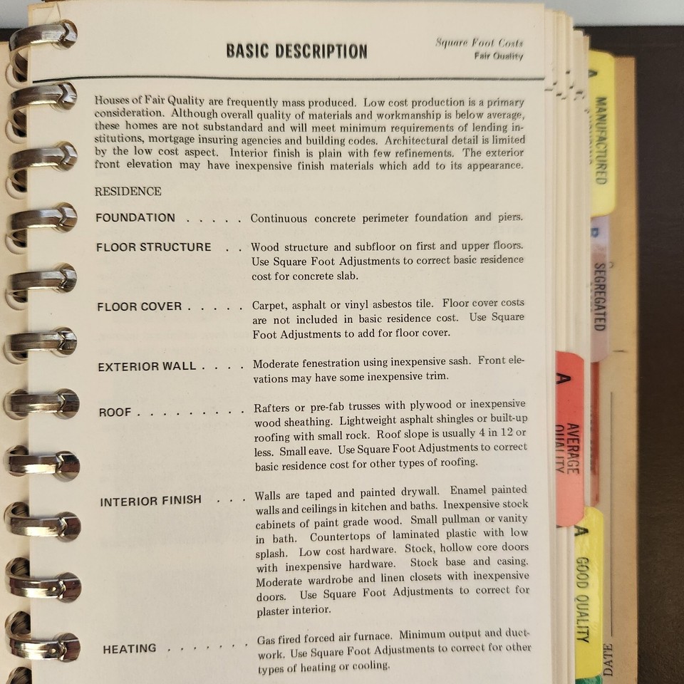 Residential Cost Handbook Marshall and Swift Vintage Spiral Bound Tabs ...