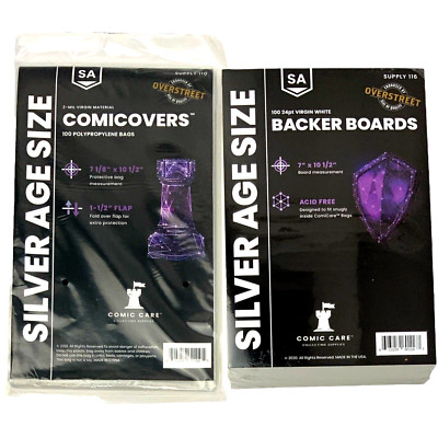 100 Comic Care Silver Age 2Mil Polyethylene Bags and 24 Pt. Comic ...