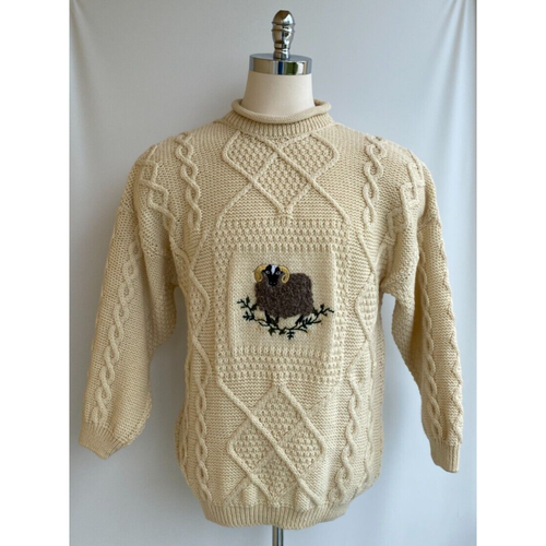 Vtg Acorn SHEEP Pure New Wool Fisherman Cable Knit Sweater Jumper Mens ...