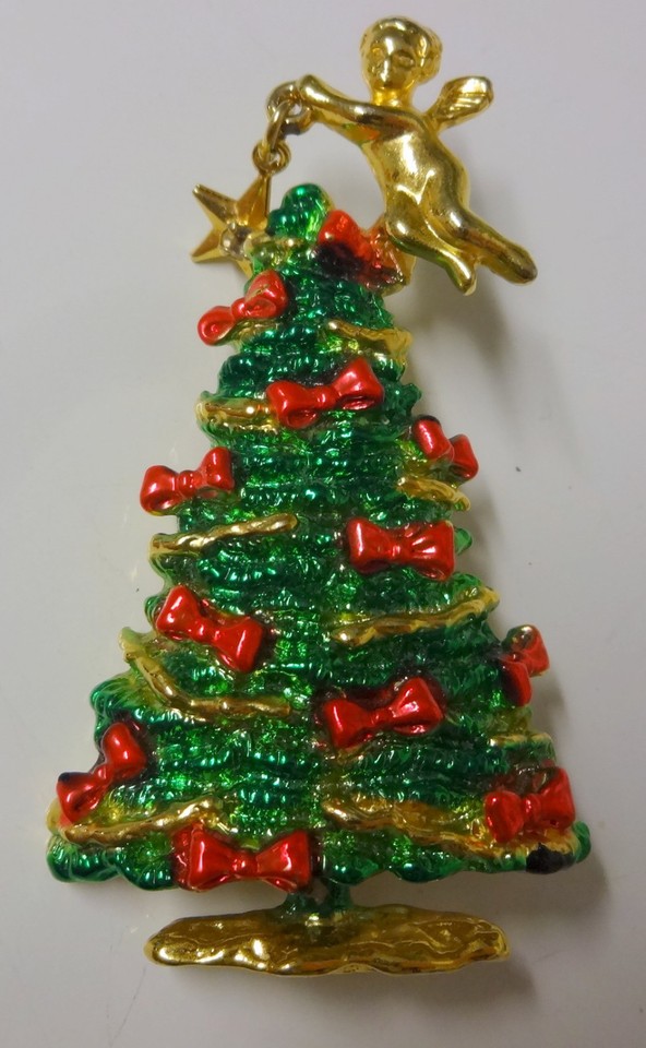 Vintage Signed AJC Rhinestone Star Angel Enamel Christmas Tree Pin ...