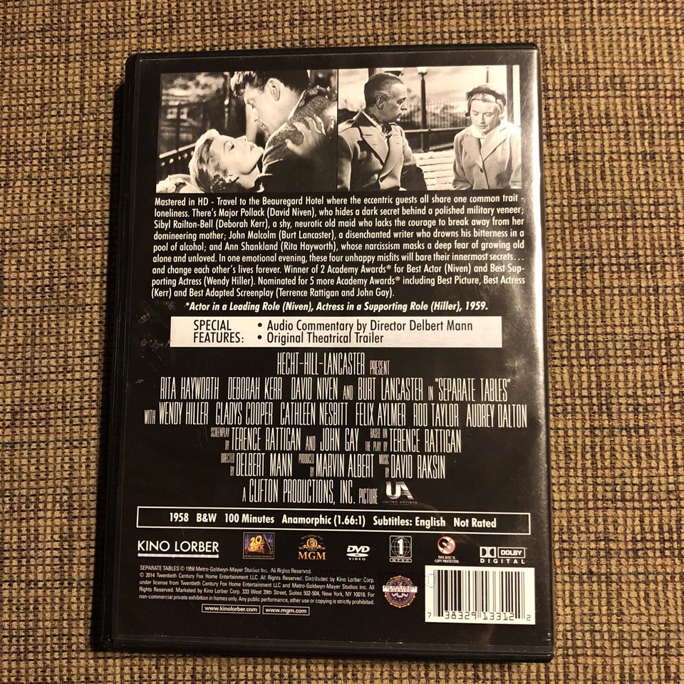 Separate Tables DVD 1958 Movie Rita Hayworth Burt Lancaster Kino Lorber ...