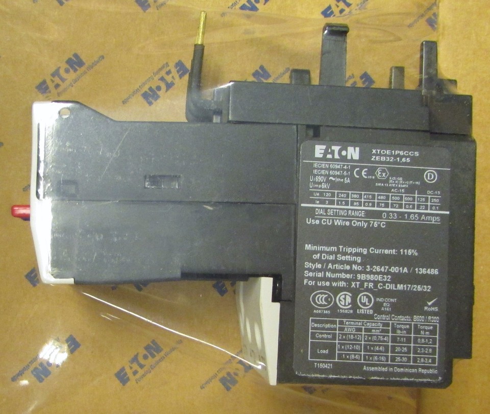 Eaton XTOE1P6CCS .33-1.65 Amp XTOE IGC Electronic Overload Relay ZEB32 ...