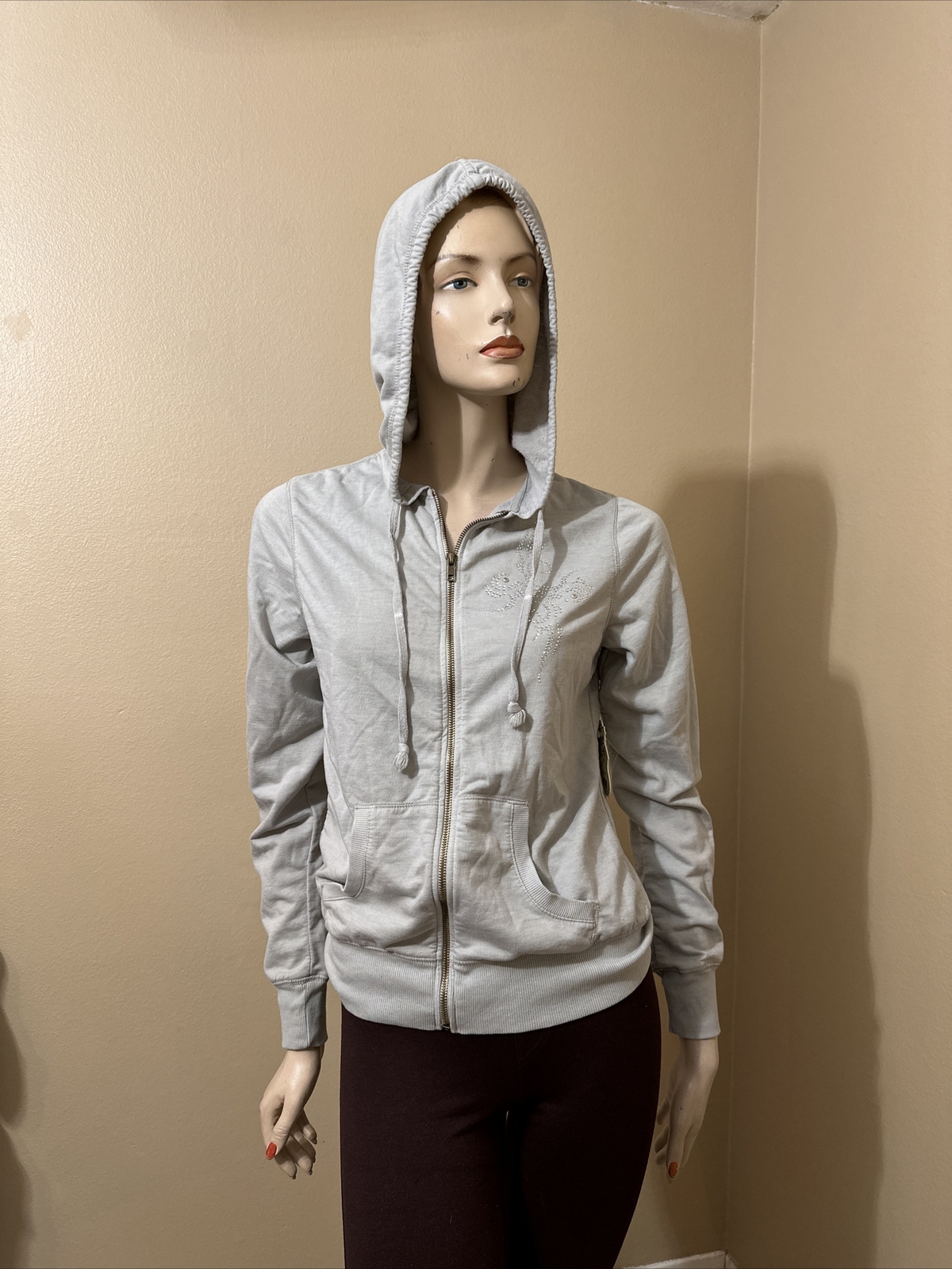 Women’s Grey Cotton Casual Stretch Hooded Pockets Beaded Zipper Size S ...
