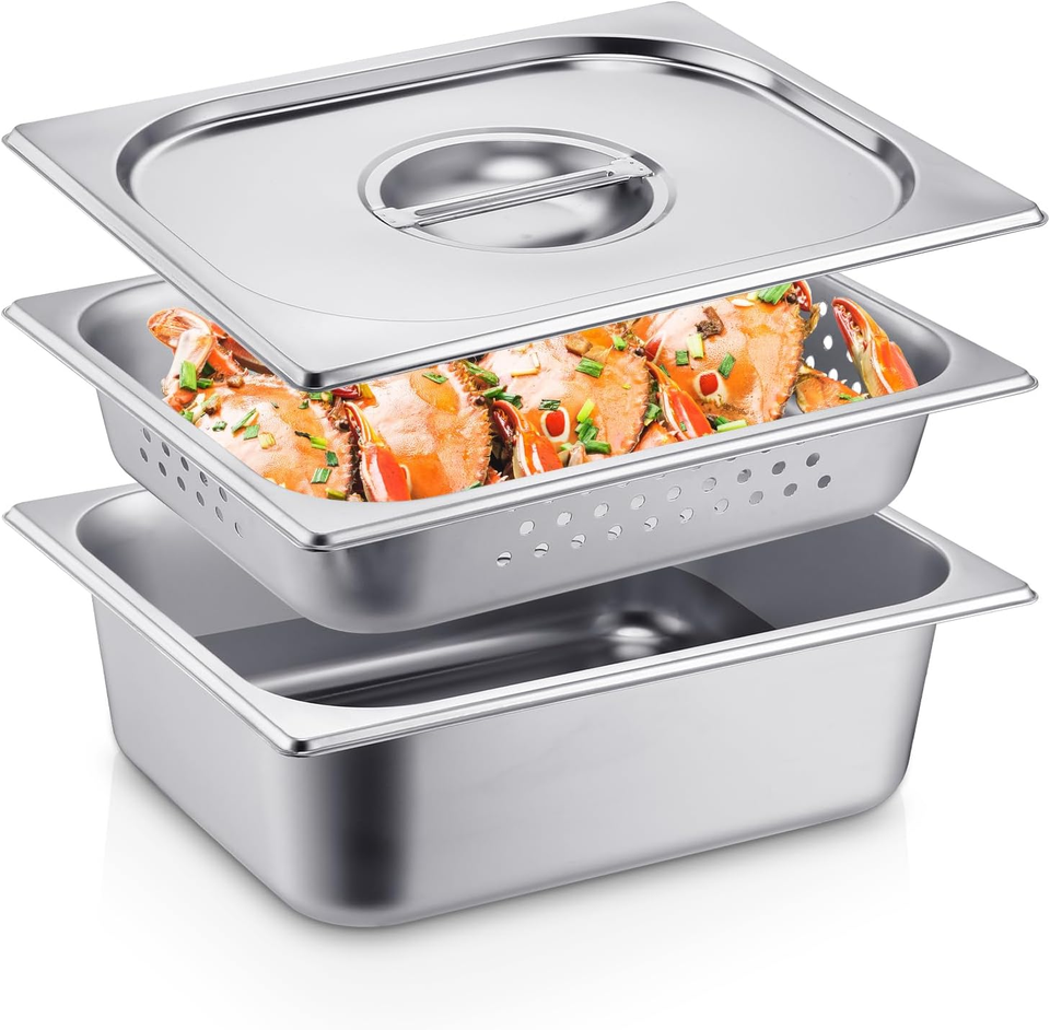 3 Pack Half Size 2.6 Inch, 4 Inch Hotel Pan with Lid Perforated Steam ...
