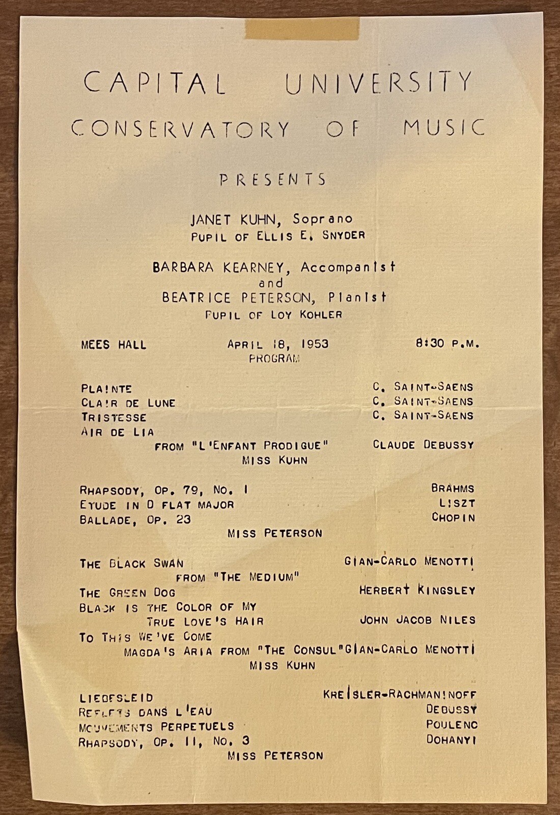 1953 Capital University Music Recital Program Janet Kuhn Columbus Ohio ...