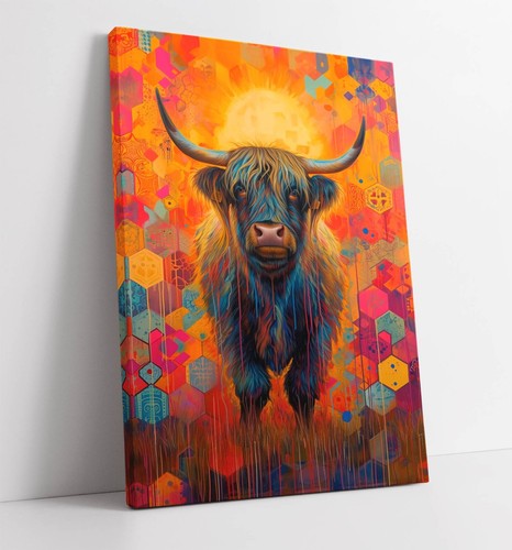 MULTI COLOR HIGHLAND COW HEXAGONAL PATTERN CANVAS WALL ART PICTURE ...