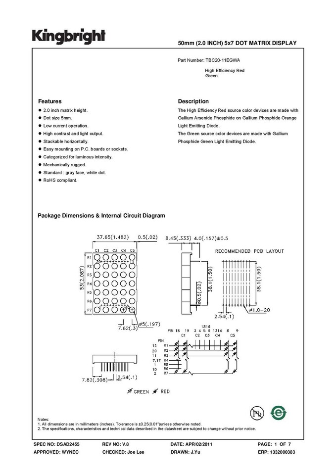 QTY(100) LED DOT MATRIX 35 SEGMENT 5 X 7 ARRAY RED/GREEN ARDUINO HOBBY ...