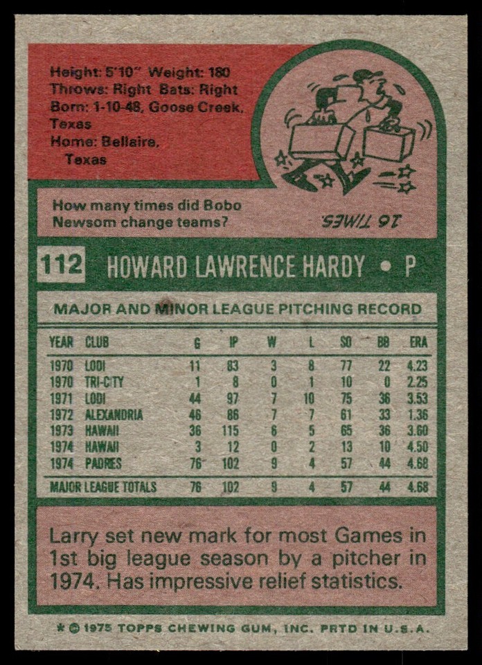 1975 Topps Baseball Card Larry Hardy RC San Diego Padres #112 NM | eBay