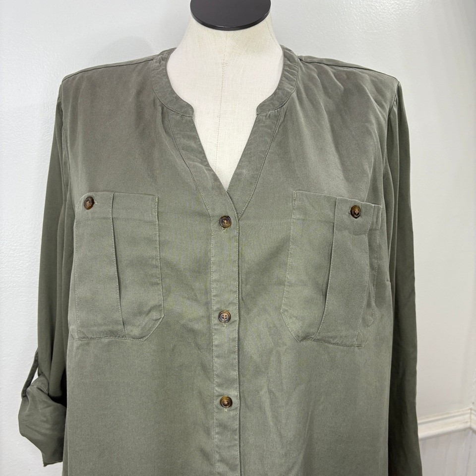J Jill Plus Size 2X Top Button Up 100% Tencel Olive Green Roll Tab ...